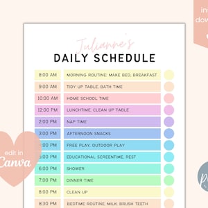 Rainbow Pastel Kids Daily Schedule Checklist Personalized Printable ...