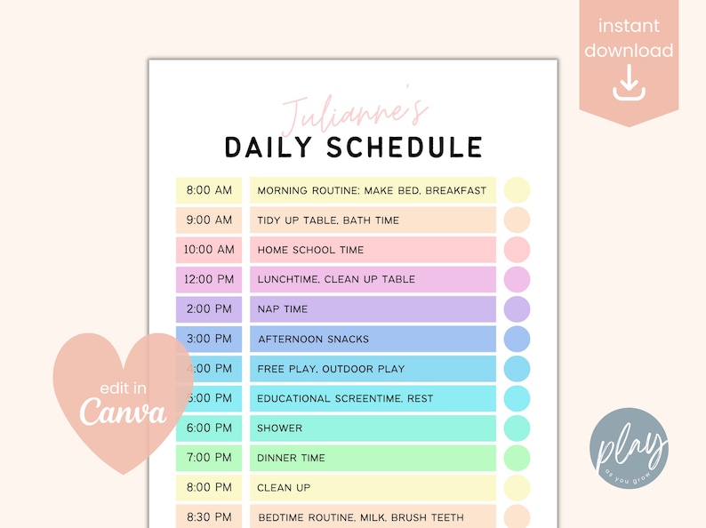 Rainbow Pastel Kids Daily Schedule Checklist Personalized Printable ...