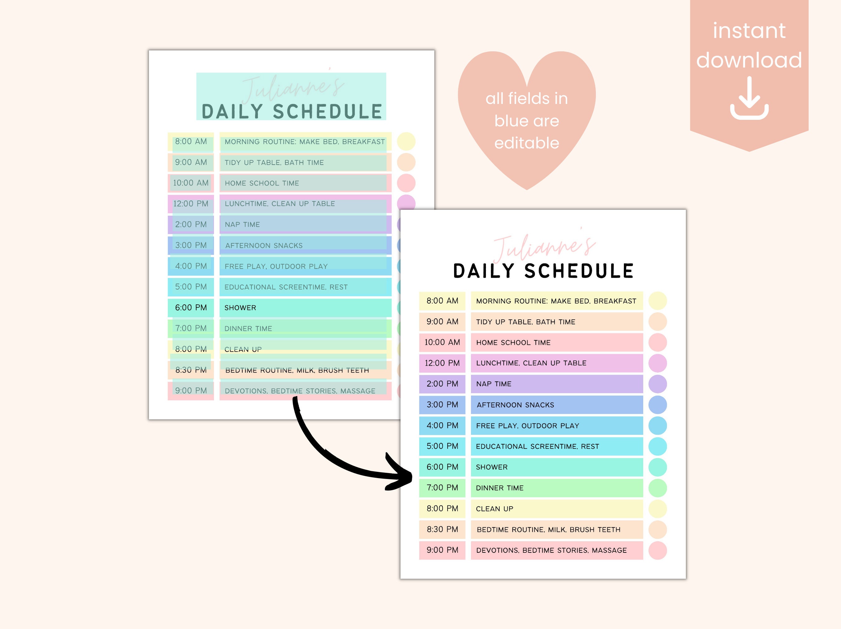 Rainbow Pastel Kids Daily Schedule Checklist Personalized Printable ...