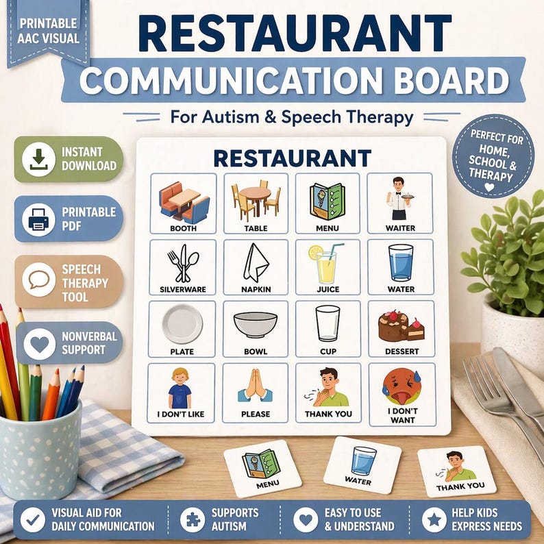 Restaurant Communication Board Autism Nonverbal Visual Aid Printable
