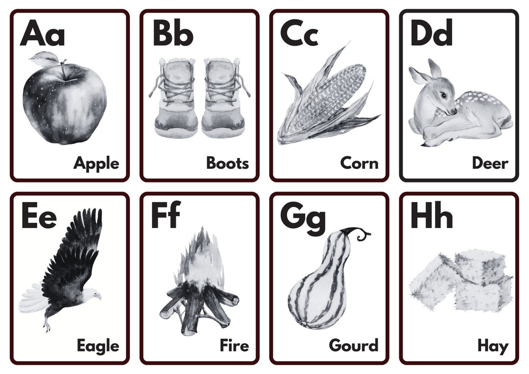 Autumn Themed Alphabet Flashcards Easy Print Grayscale - Etsy