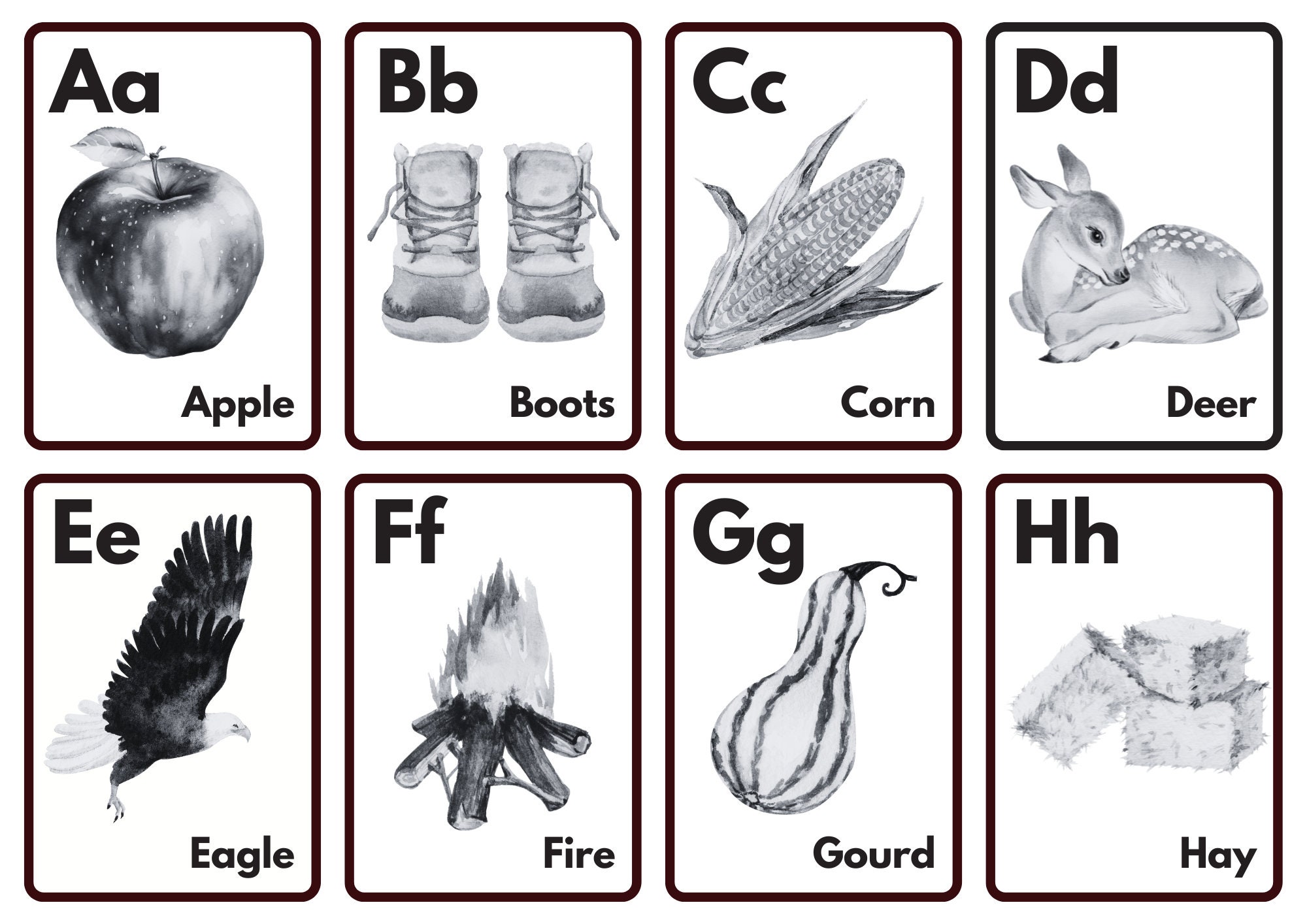 Autumn Themed Alphabet Flashcards Easy Print Grayscale - Etsy