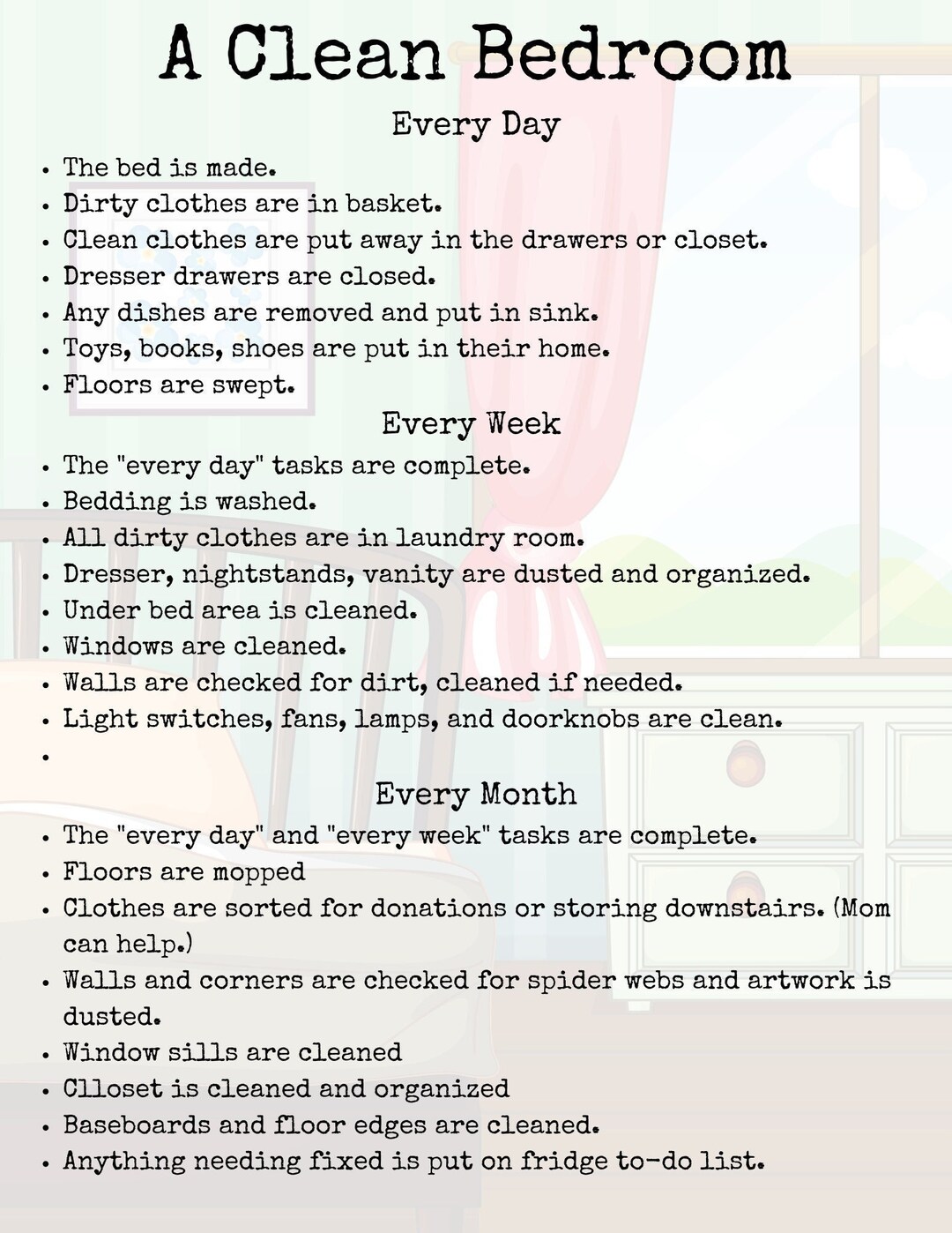 Kids Clean Bedroom Task Checklist - Etsy