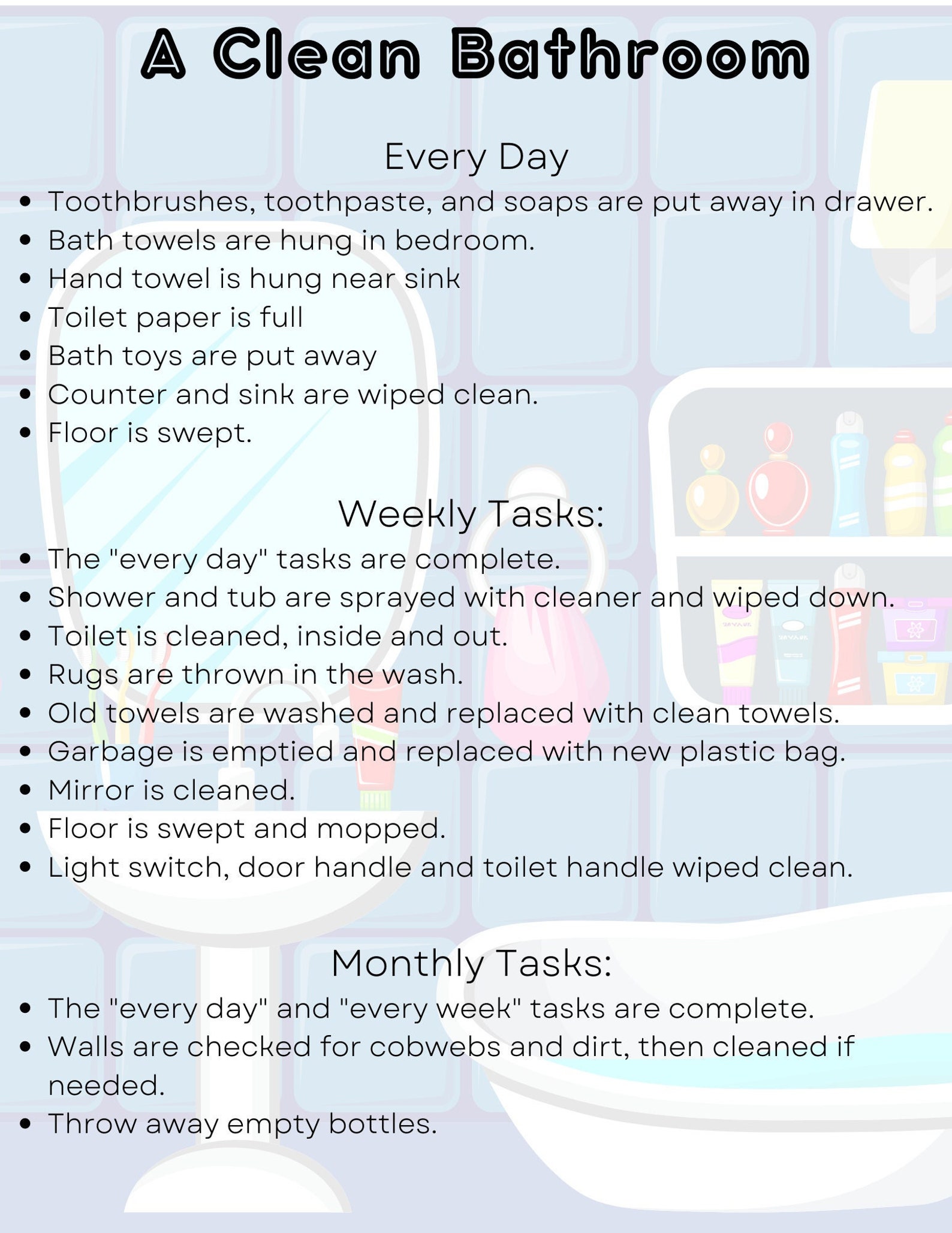 Kids Clean Bathroom Task Checklist - Etsy