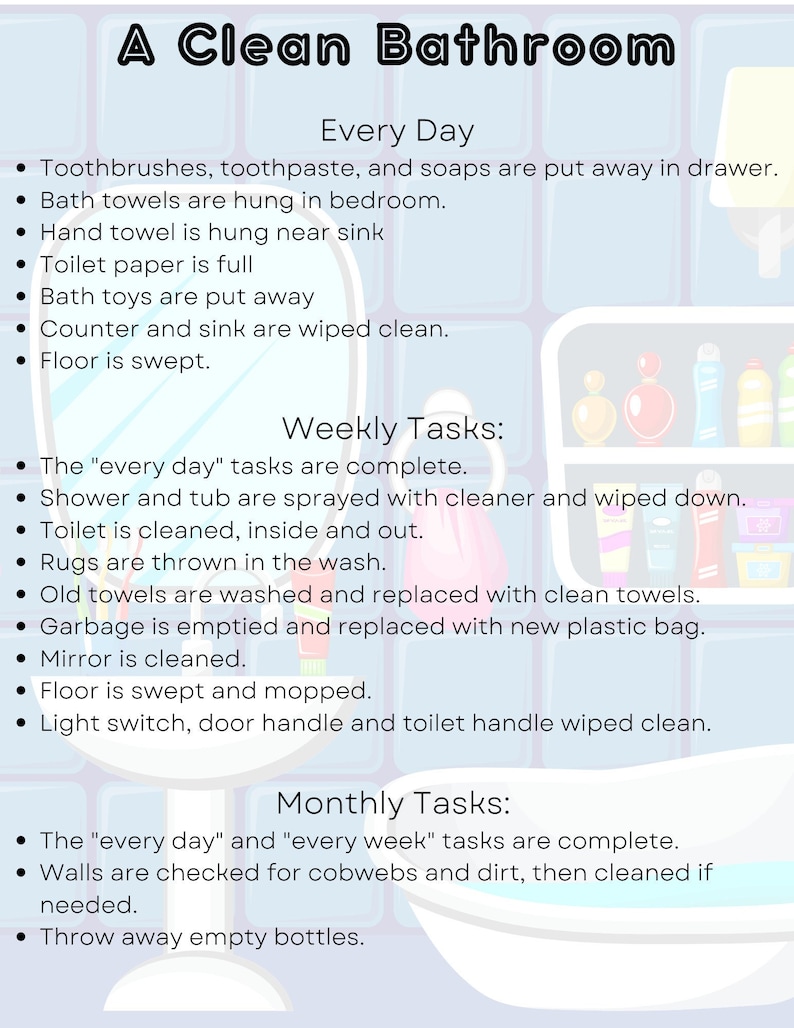 Kids Clean Bathroom Task Checklist - Etsy