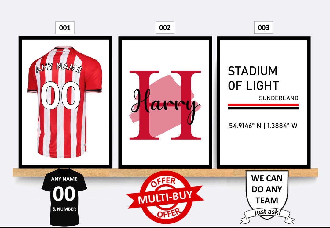 Personalised Sunderland AFC Football Prints Wall Art Poster Set of 3 ...