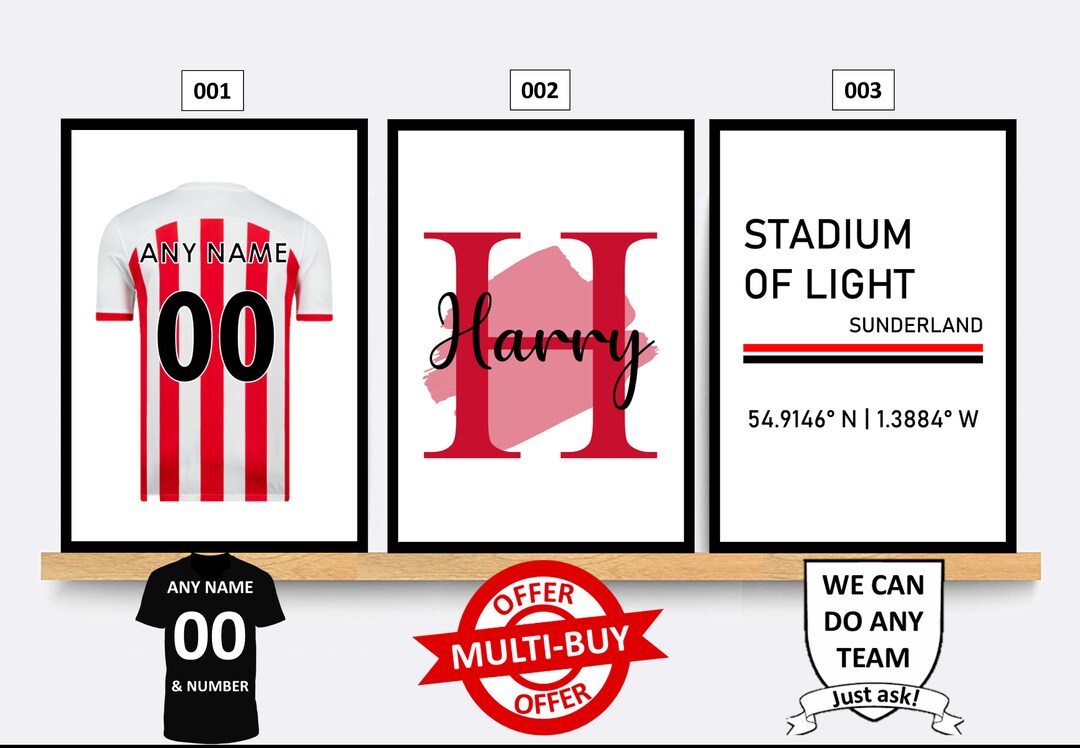 Personalised Sunderland AFC Football Prints Wall Art Poster Set of 3 ...