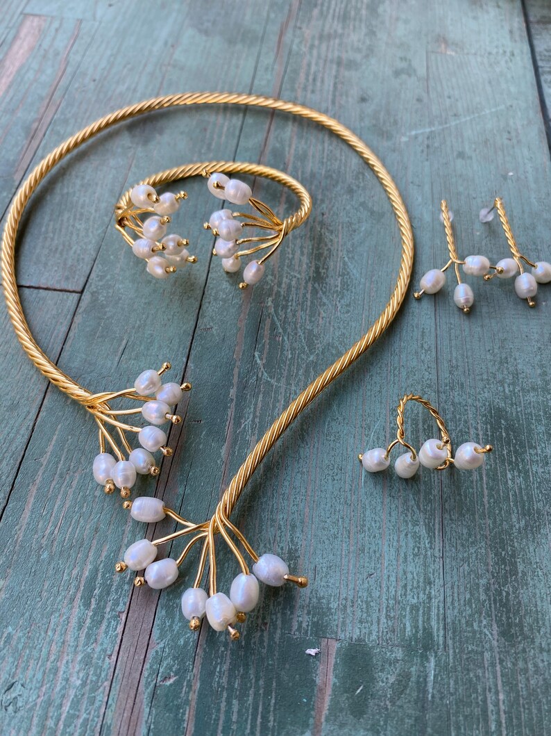 Handmade Pearl Jewelry Set, Statement Pearl Set, Bridesmaid Gold and ...