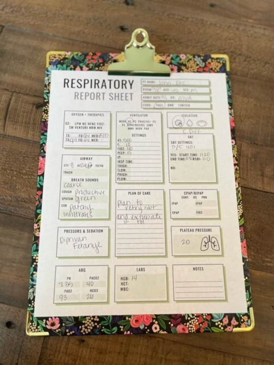 Respiratory Therapy Report Sheet - Etsy