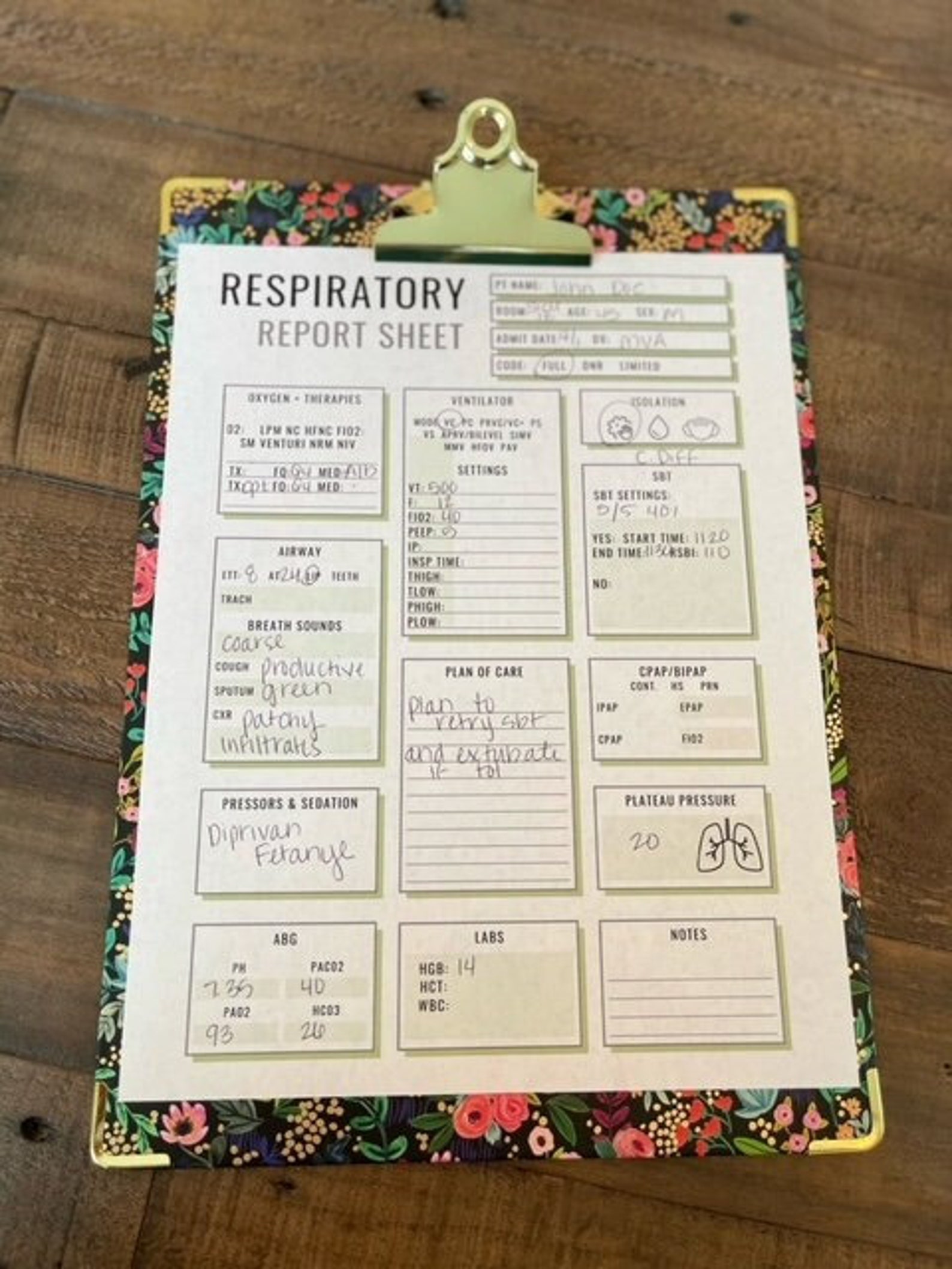 Respiratory Therapy Report Sheet - Etsy