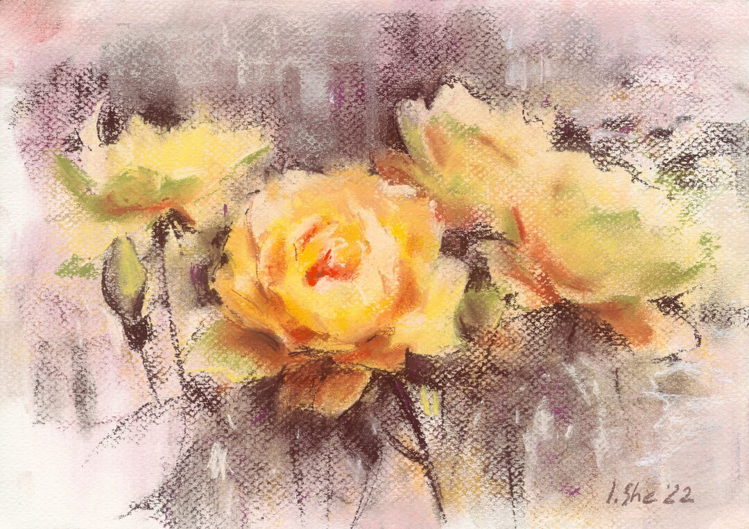 Yellow Tea Roses Poster Soft Pastel Sketch Print Bright Floral Painting ...