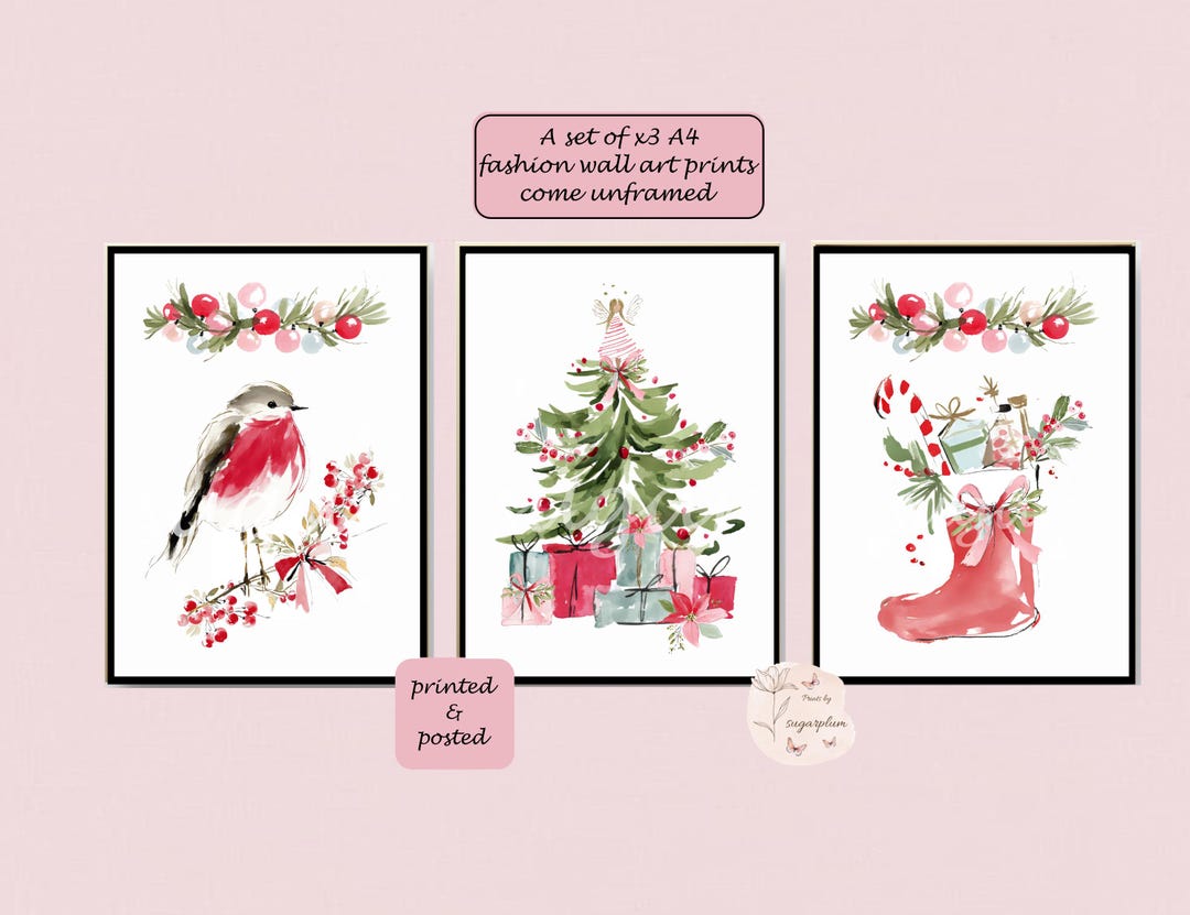 Christmas Robin Tree Stocking Set of Prints: Glam Christmas Wall Art ...