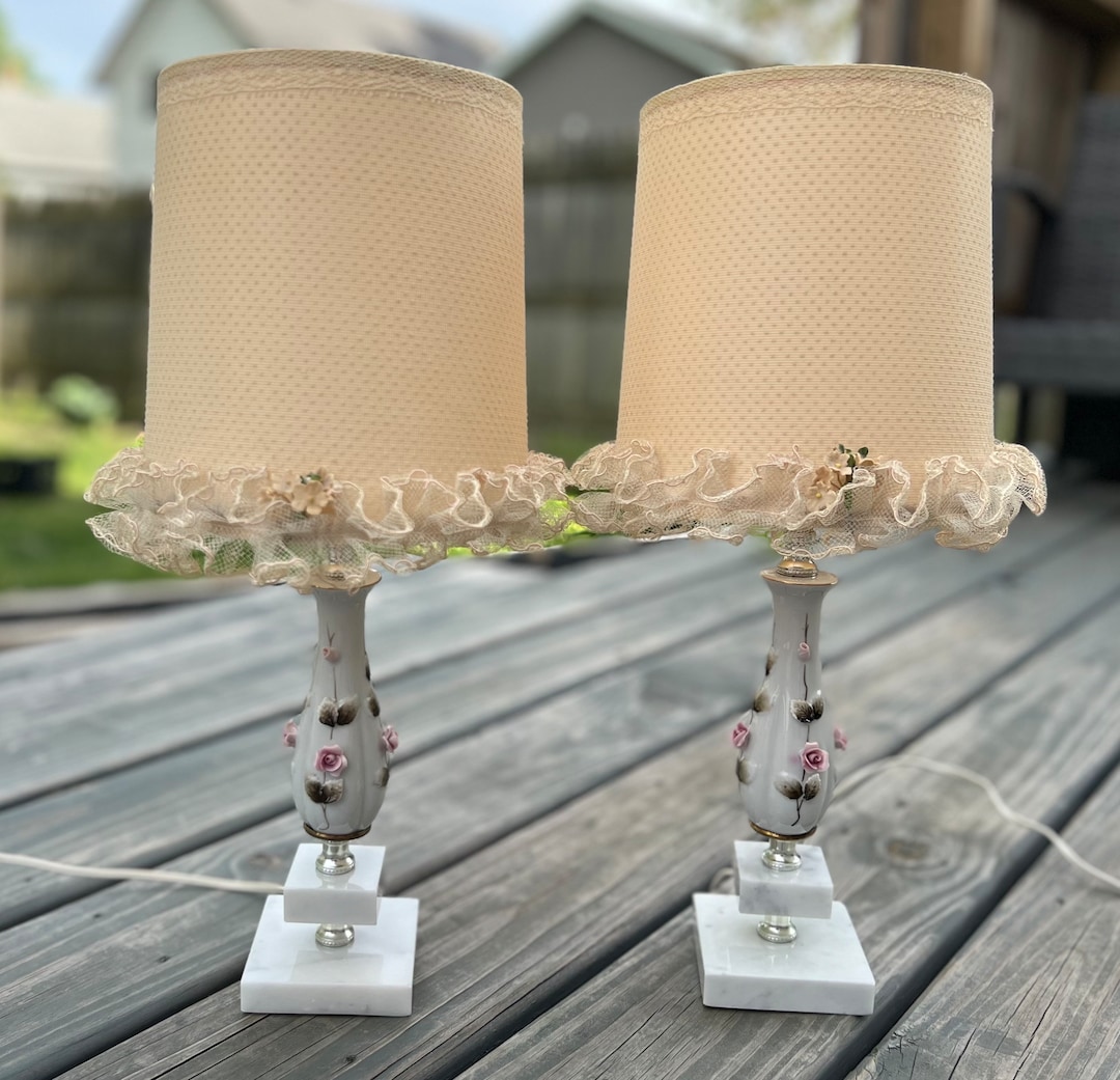 Vintage Capodimonte Rose Lamps: Marble Base, Pink Lace Shades - Etsy