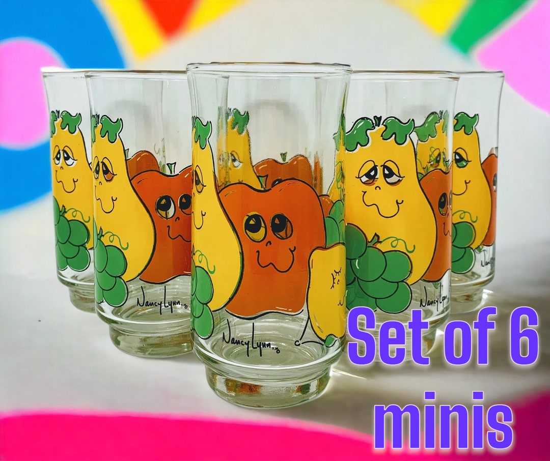 Vintage Nancy Lee Fruit Juice Glasses: 70s Retro Cartoon Set - Etsy