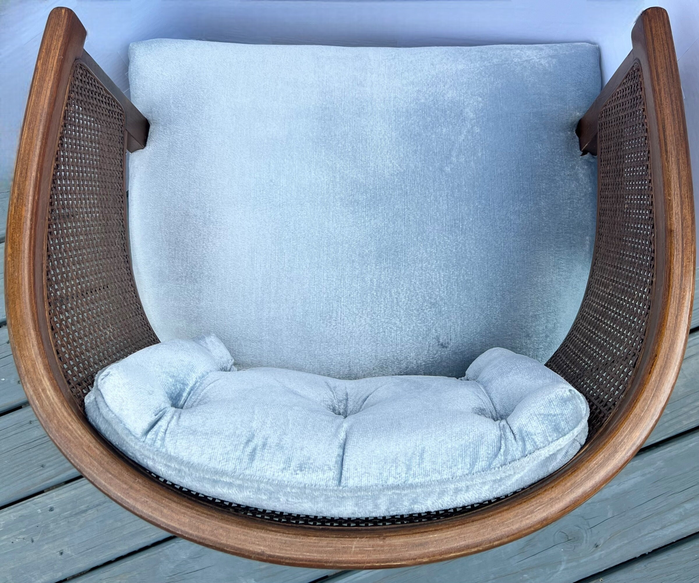 Walnut & Cane Barrel Arm Chair C. 1960's Powder Blue Velvet Tufted ...