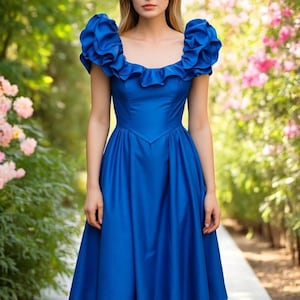 1986 Prom Dress Royal Blue Chiffon off Shoulder Ruffled Neckline Basque ...