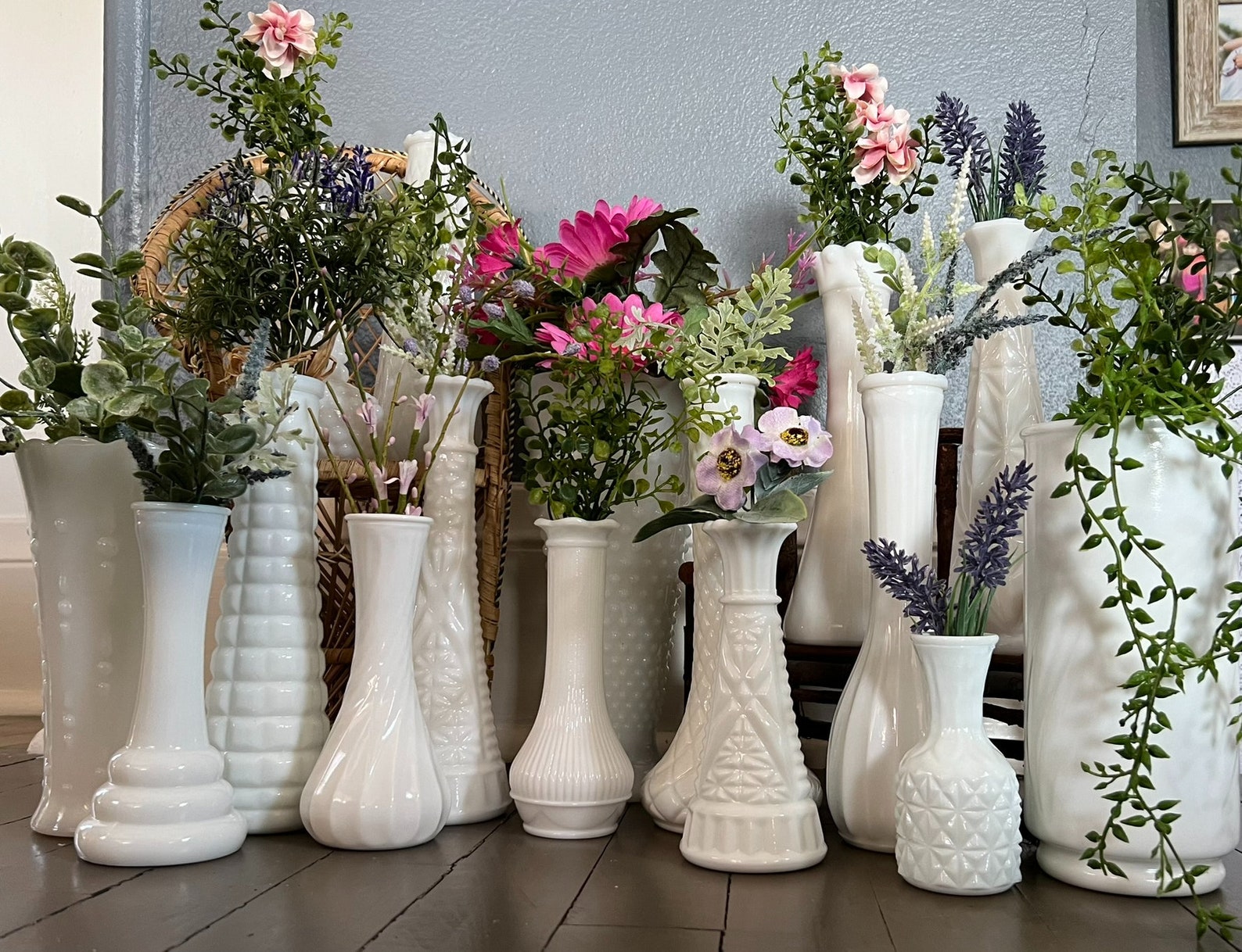 LOTS of Milk Glass Vases Hoosier Randall Brody Anchor Hocking Hobnail ...