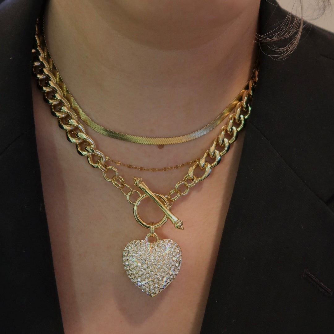 Chunky Heart Necklace, Gold Oversized Large Heart Necklace, Gold Chain ...