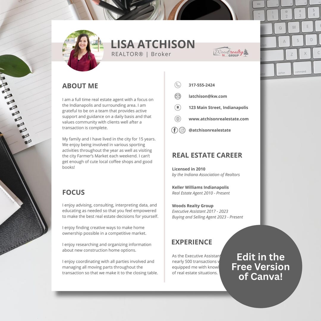 Real Estate Agent Resume Template: Editable Canva Design (instant ...