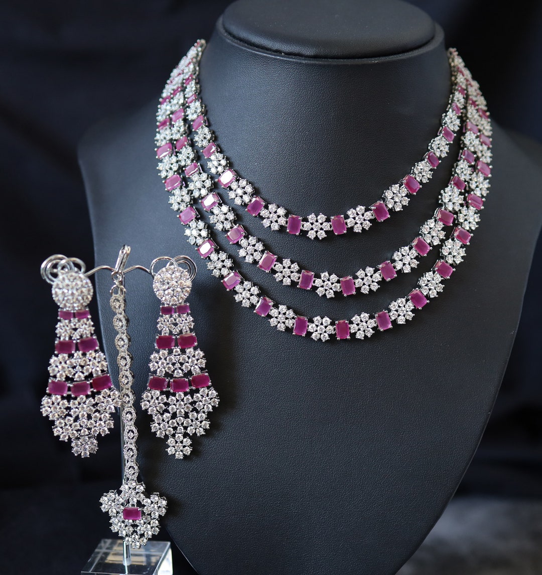 Red Ruby 3 Layers Necklace, Earrings and Tikka Set - Etsy