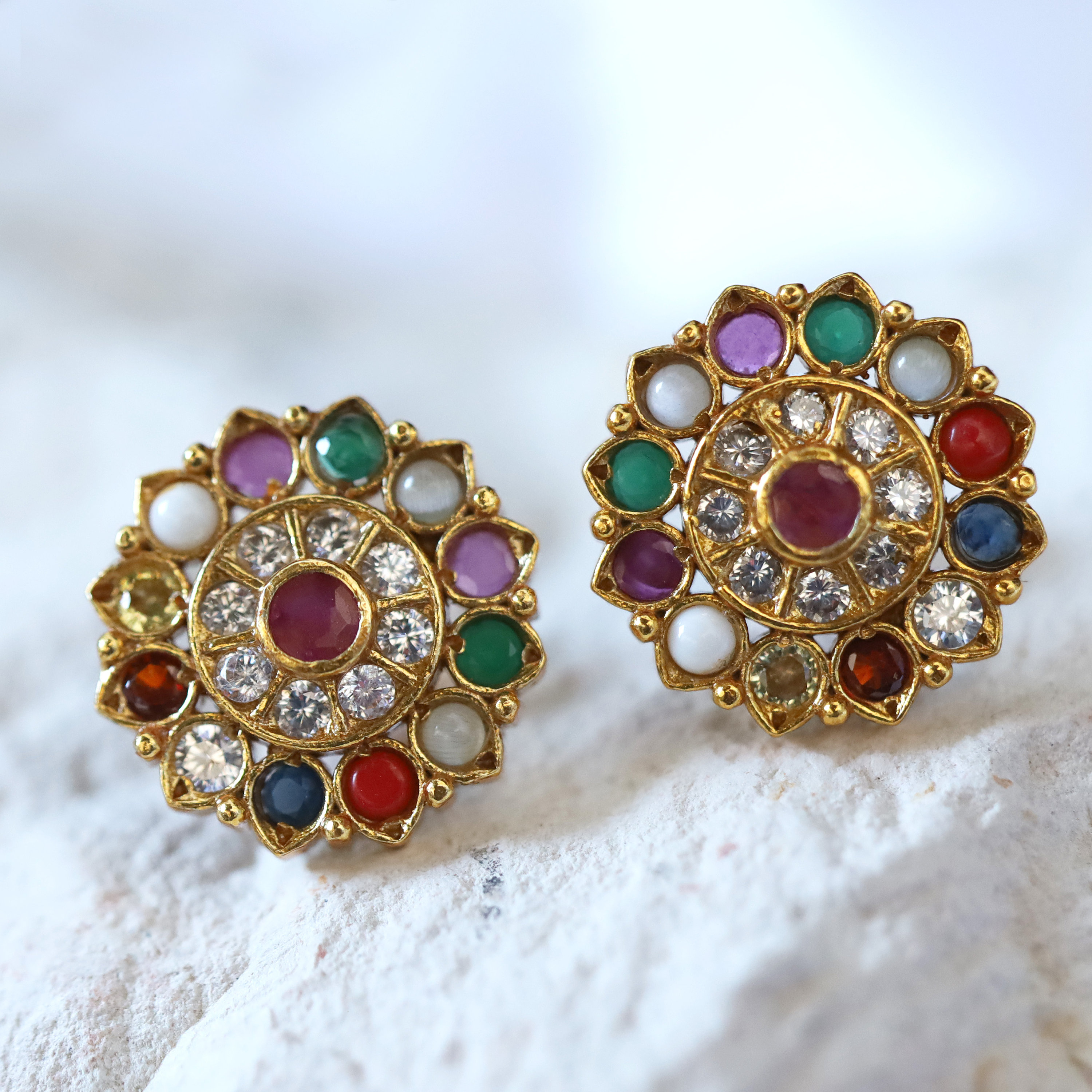 InahurJewels Gold Plated 925 Sterling Silver Navaratna Multistone Stud Earrings