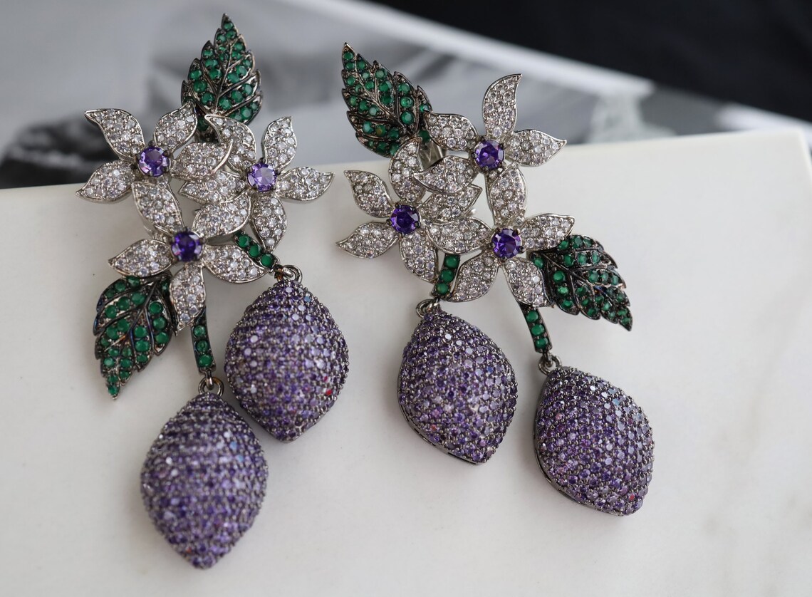 Purple Zirconia Flower Drop Earrings, Rhodium Plated - Etsy