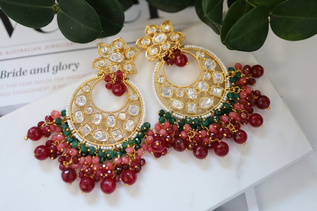 Extraordinary Uncut Polki Chaand Bali With Piroi Beaded Agate Earrings ...