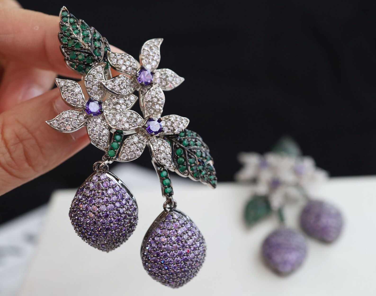 Purple Zirconia Flower Drop Earrings, Rhodium Plated - Etsy