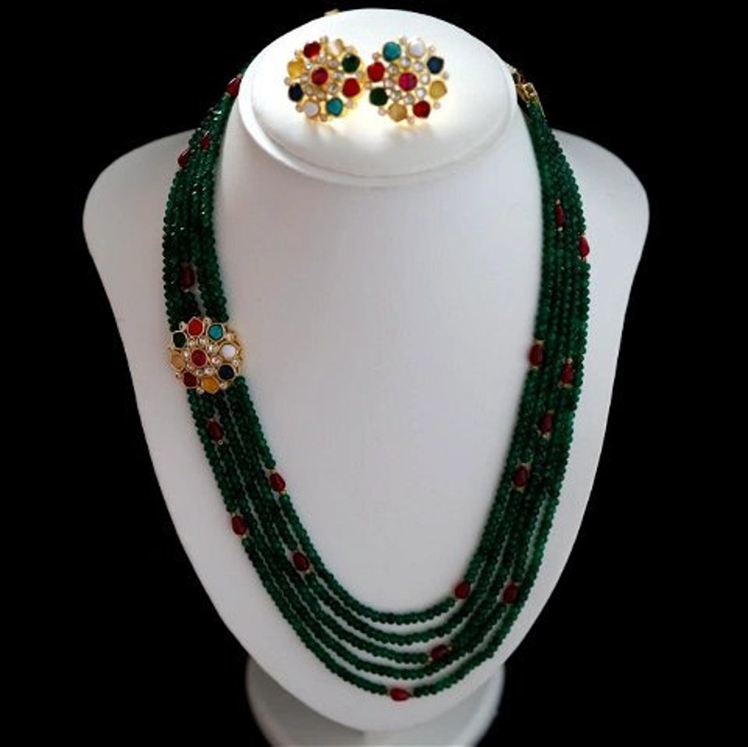 Vivid Emerald Green + Ruby Colour With Multicolour Navratna Pendant ...