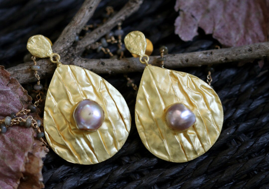 Beaten and Folded Gold Pearl Hand Made Earrings - Etsy