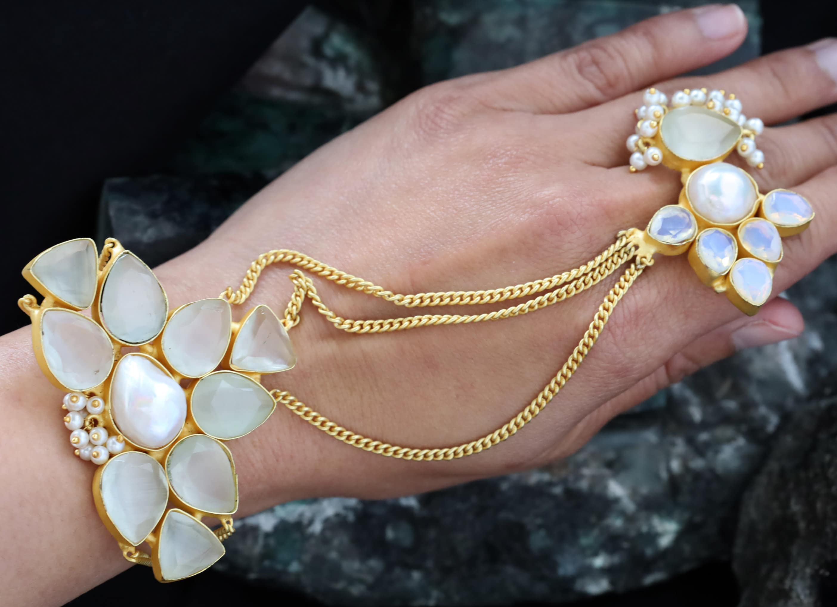 Pearl + Shades of White Hand Bracelet - Haath Phool - Etsy