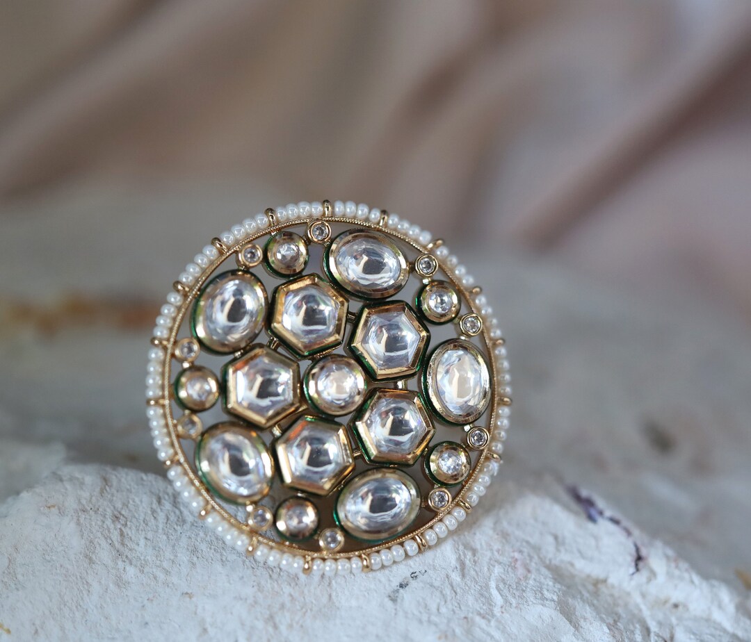Uncut Polki With Mini Pearls Cocktail Ring - Etsy
