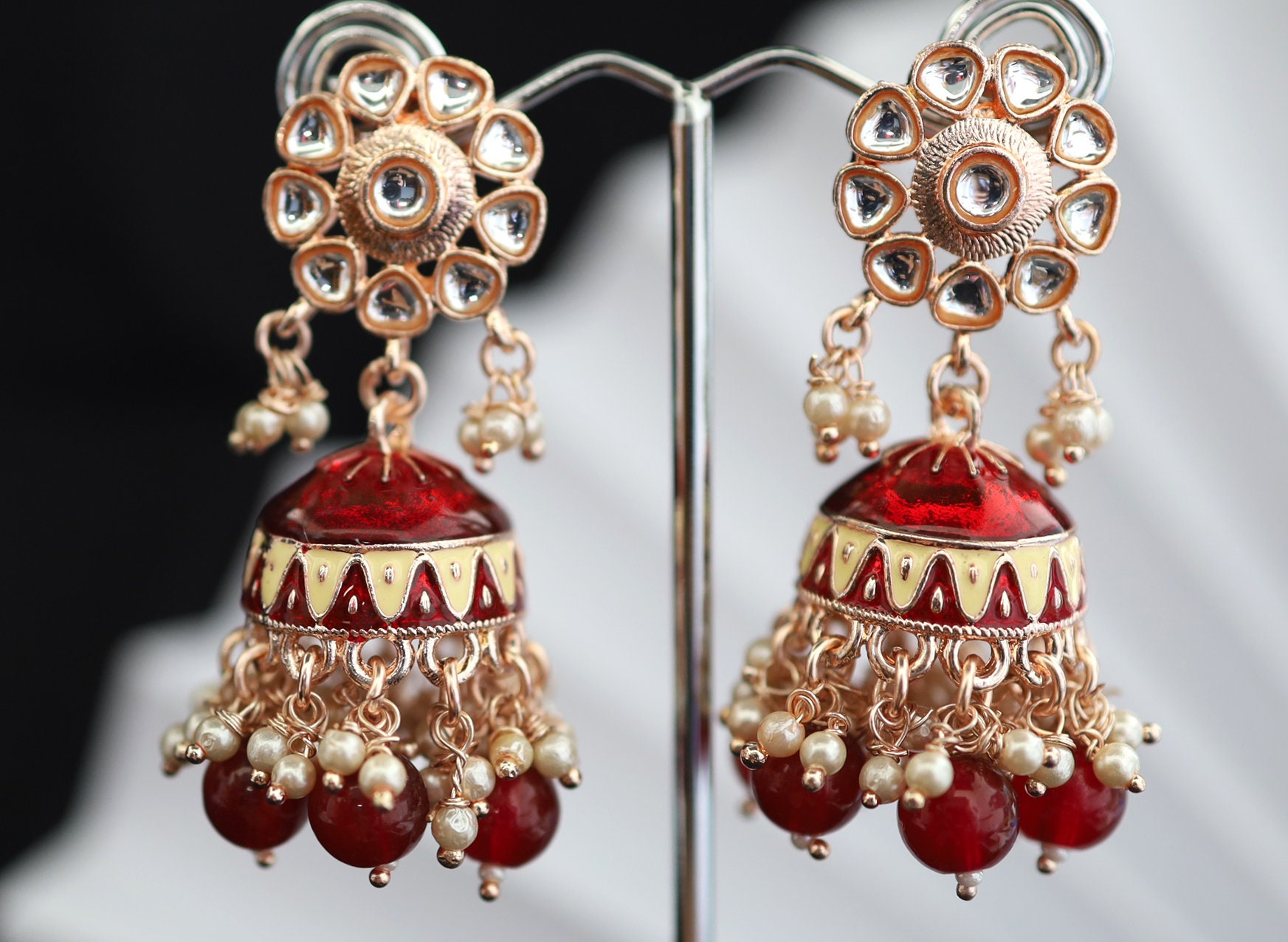 InahurJewels Vivid Red Polki with Beads Jhumki Earrings