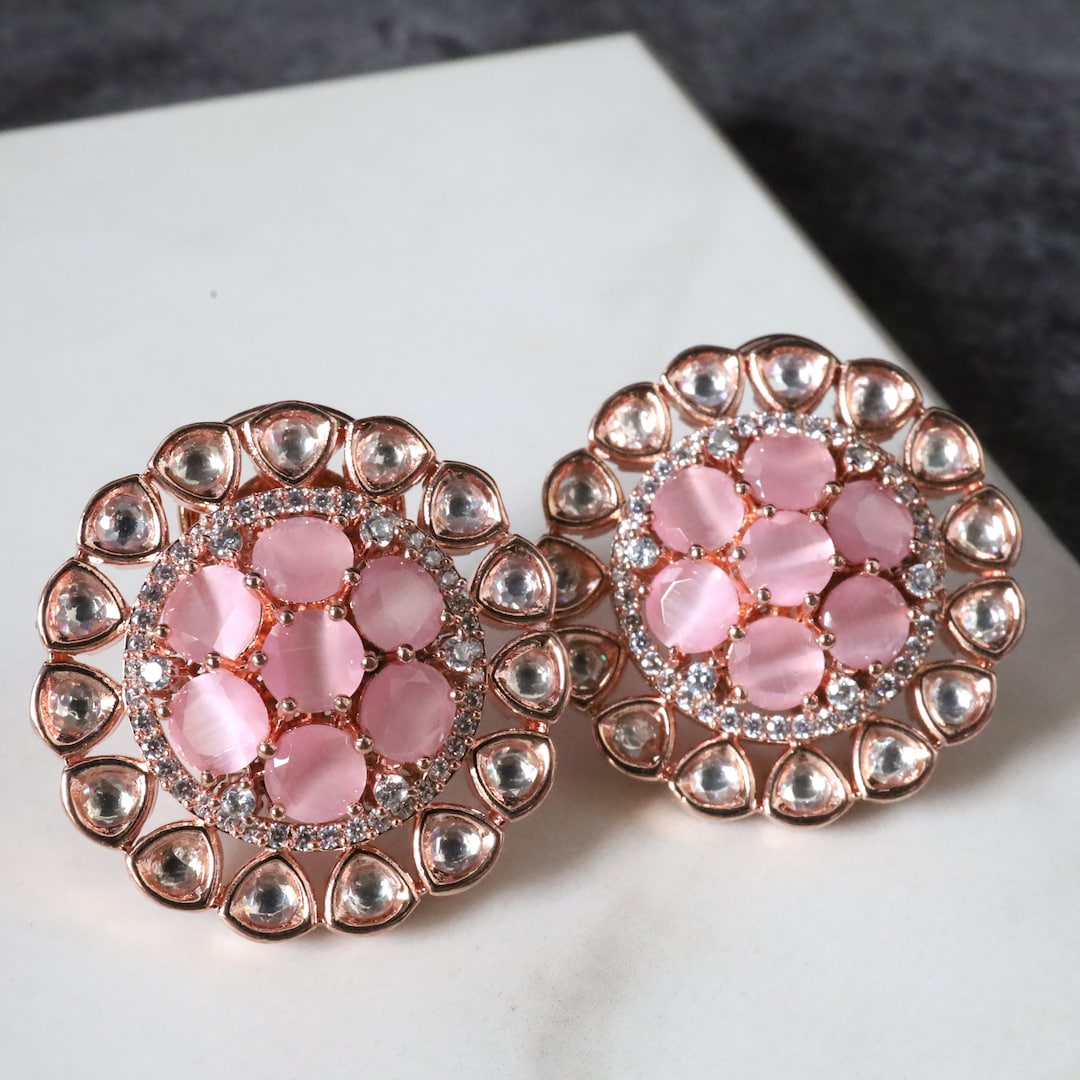 3D Detailed Pink in Rose Gold Stud Earrings - Etsy