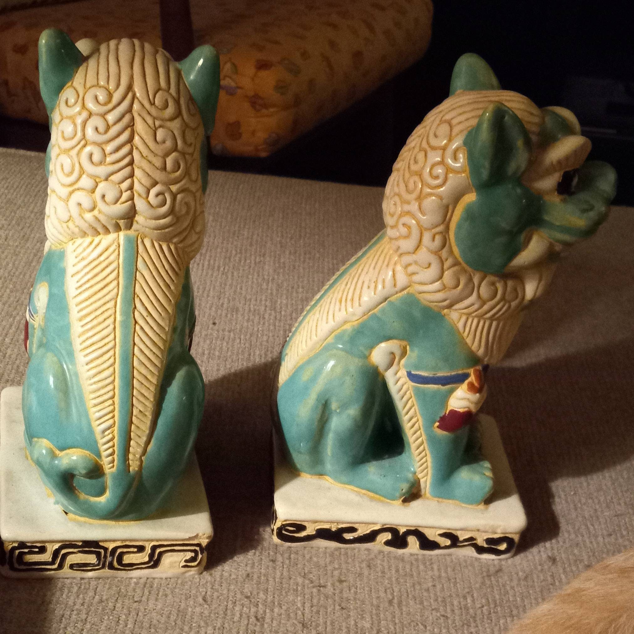 Foo Dogs or Lions -hand Carved Porcelain or Ceramic Turquoise and White ...