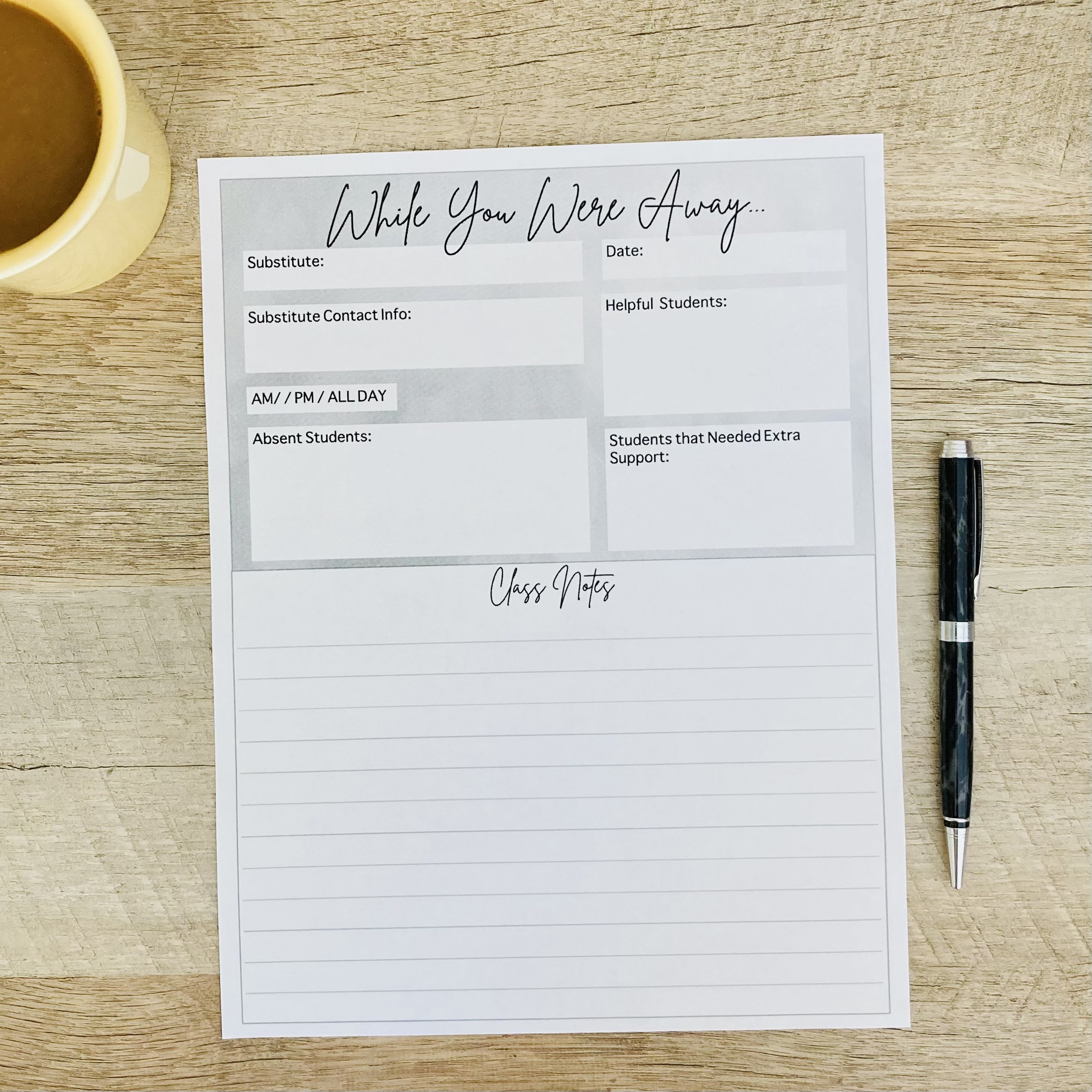 Professional Sub Note, While You Were Away, Substitute Teacher Note ...