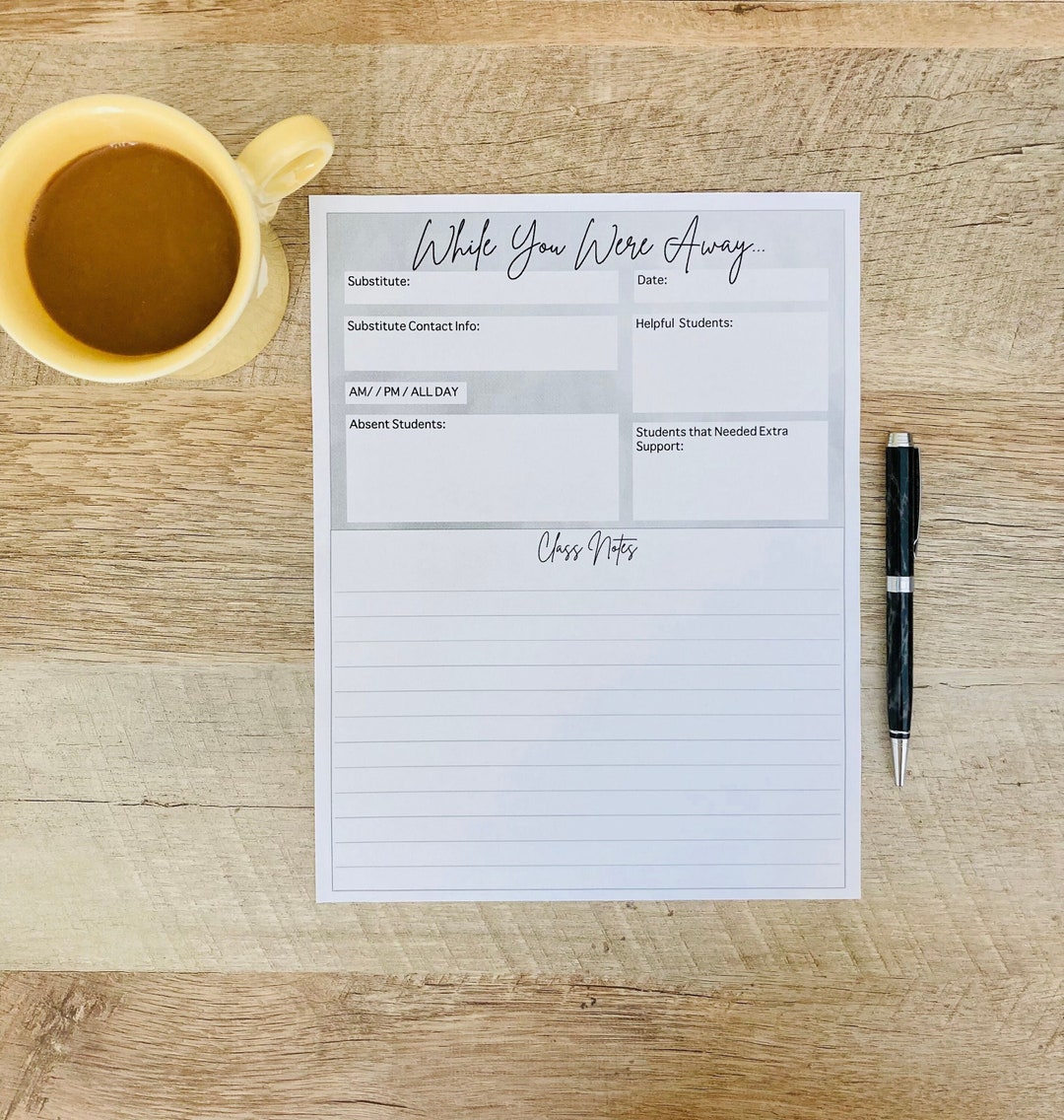 Professional Sub Note, While You Were Away, Substitute Teacher Note ...