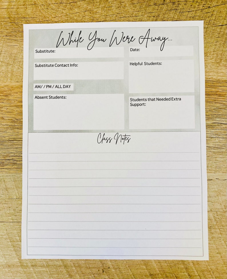Professional Sub Note, While You Were Away, Substitute Teacher Note ...