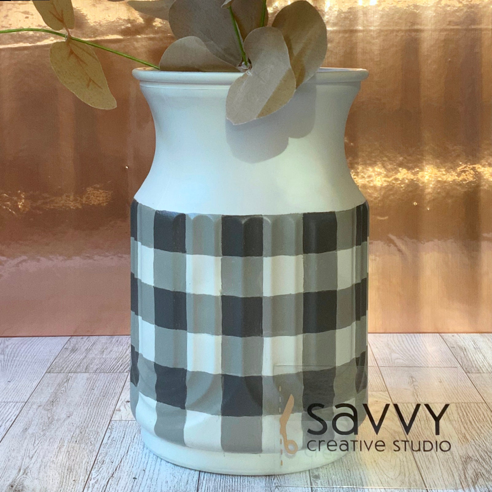 Hand Painted Buffalo Plaid Vase | Charcoal Gray & White Check | One of ...
