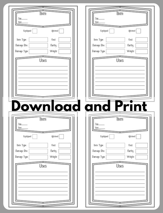 Item Cards/inventory Cards for Your Dnd Campaign Printable | Etsy
