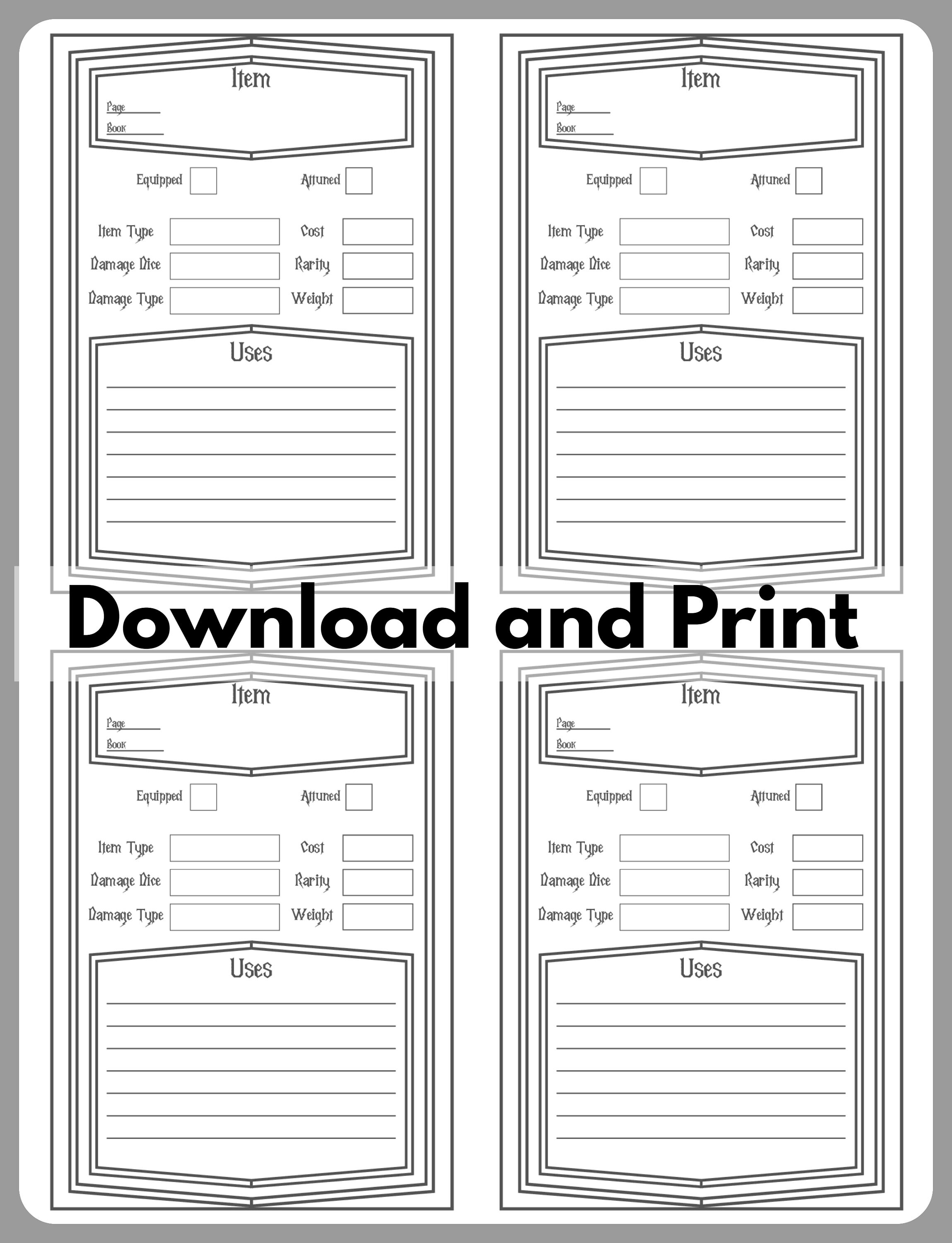 Item Cards/inventory Cards for Your Dnd Campaign Printable - Etsy