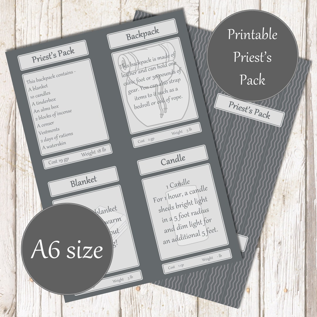 Dnd 5e Priest's Pack Cards: Adventuring Gear, Player/dm Tool, A4/letter ...