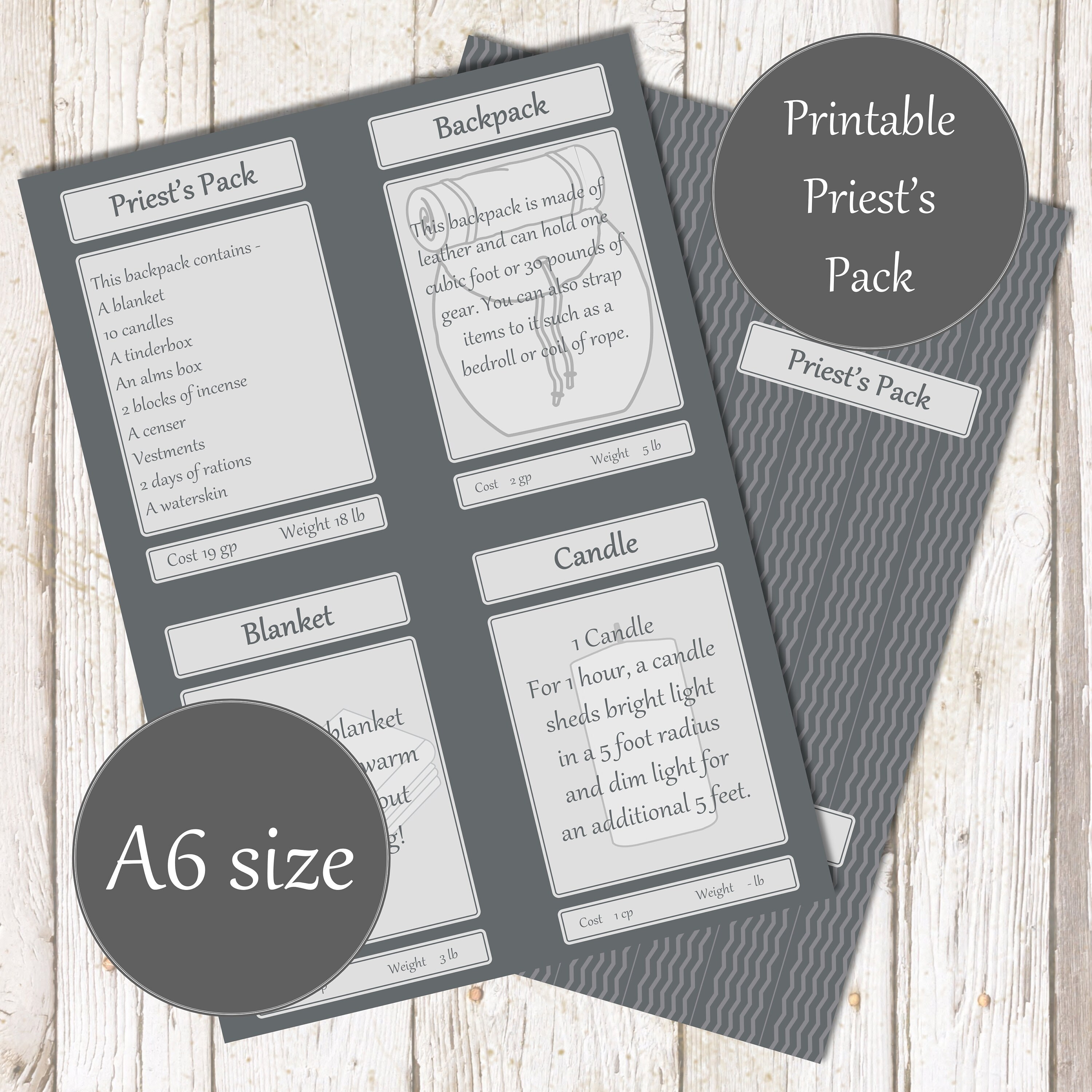 Dnd 5e Priest's Pack Cards: Adventuring Gear, Player/dm Tool, A4/letter ...
