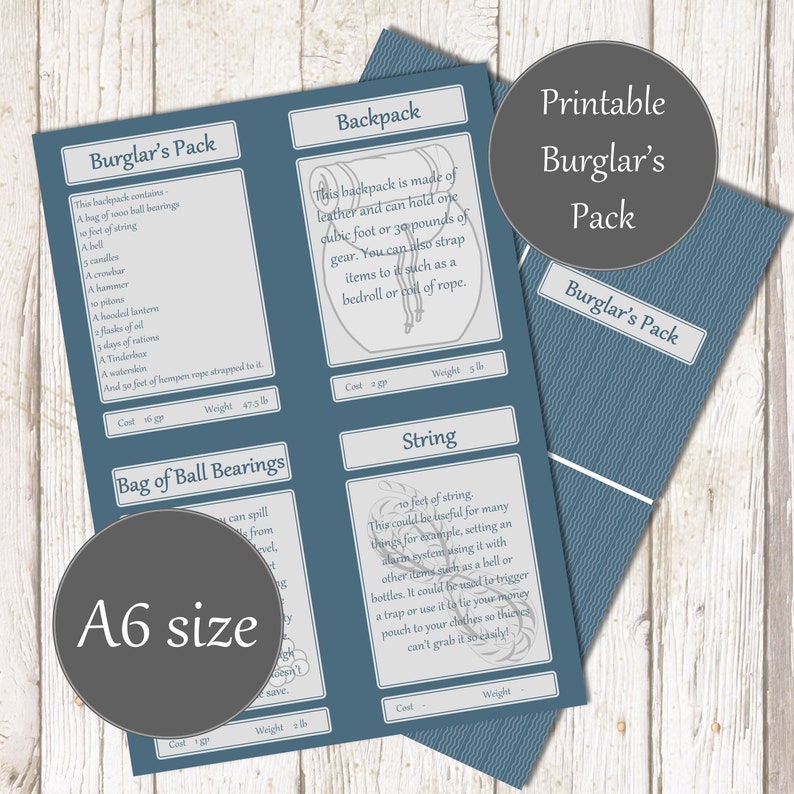 Dnd 5e Burglar's Pack Cards: Adventuring Gear, Player/dm Tool, A4 ...