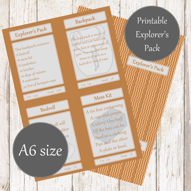 Dnd 5e Explorer's Pack Cards: Adventuring Gear, Player/dm Tool, A4 ...