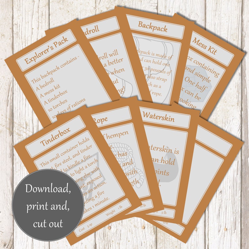 Dnd 5e Explorer's Pack Cards: Adventuring Gear, Player/dm Tool, A4 ...
