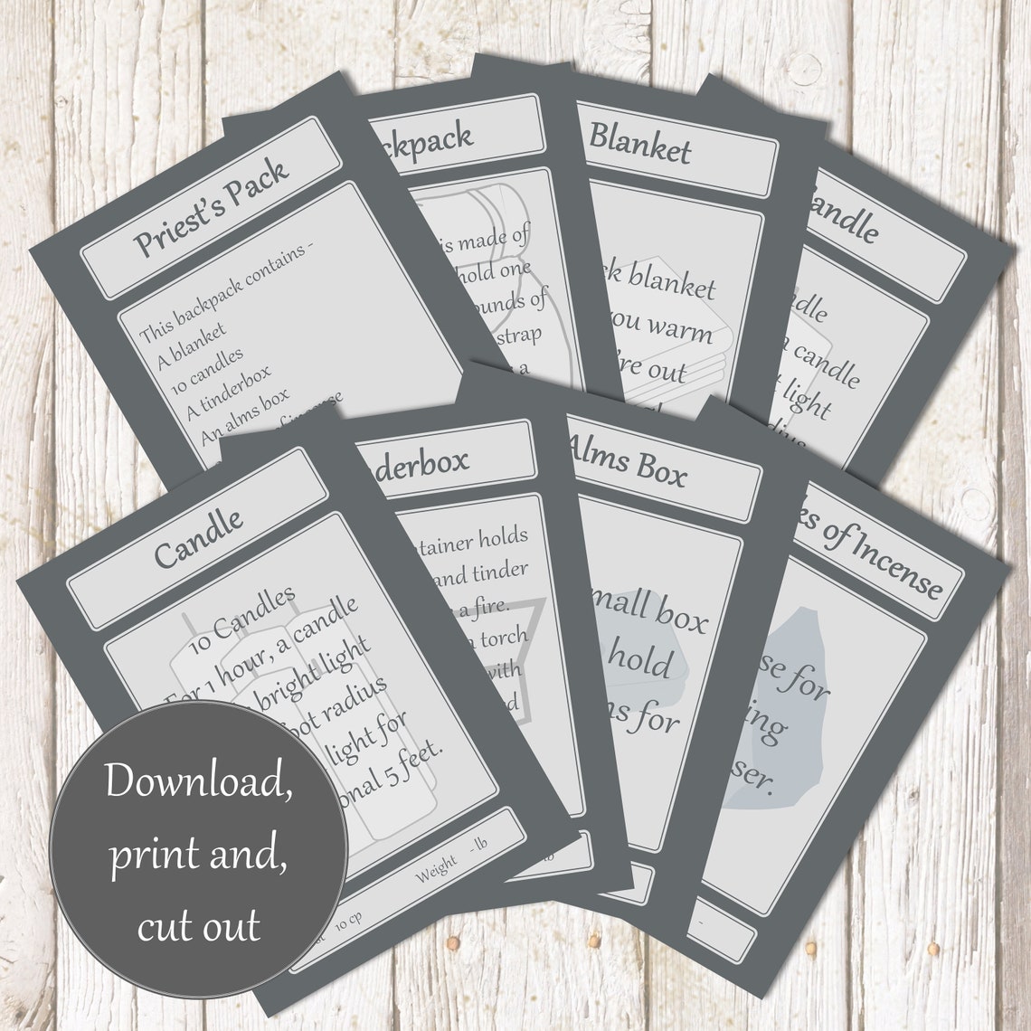 Dnd 5e Priest's Pack Cards: Adventuring Gear, Player/dm Tool, A4/letter ...