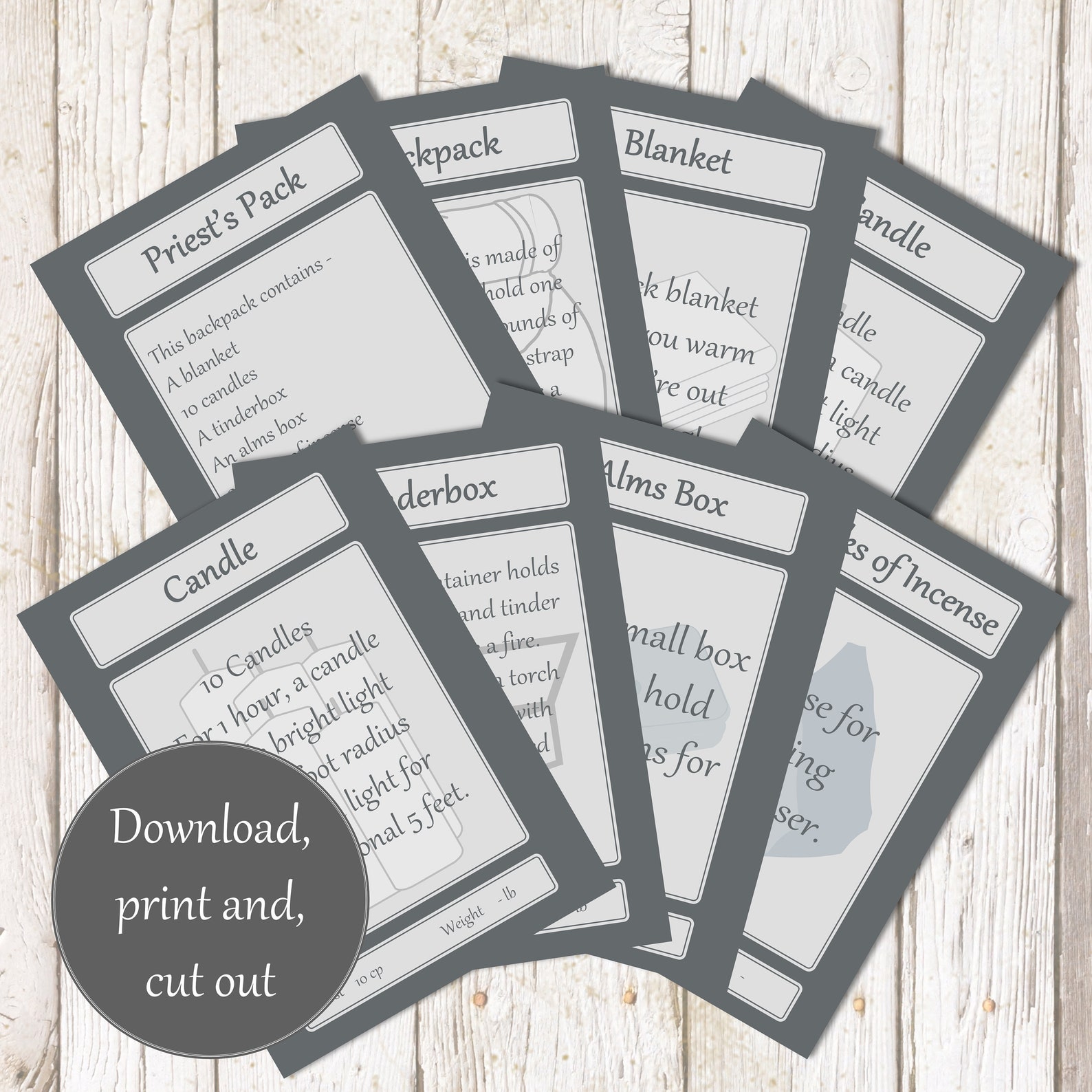 Dnd 5e Priest's Pack Cards: Adventuring Gear, Player/dm Tool, A4/letter ...
