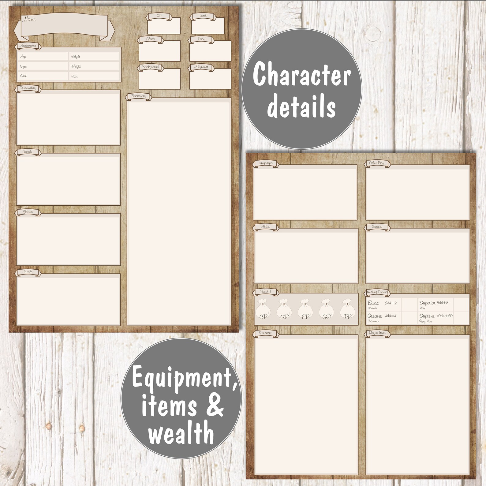 Dnd Character Sheet Set: 5 Printable Designs (digital Download) - Etsy