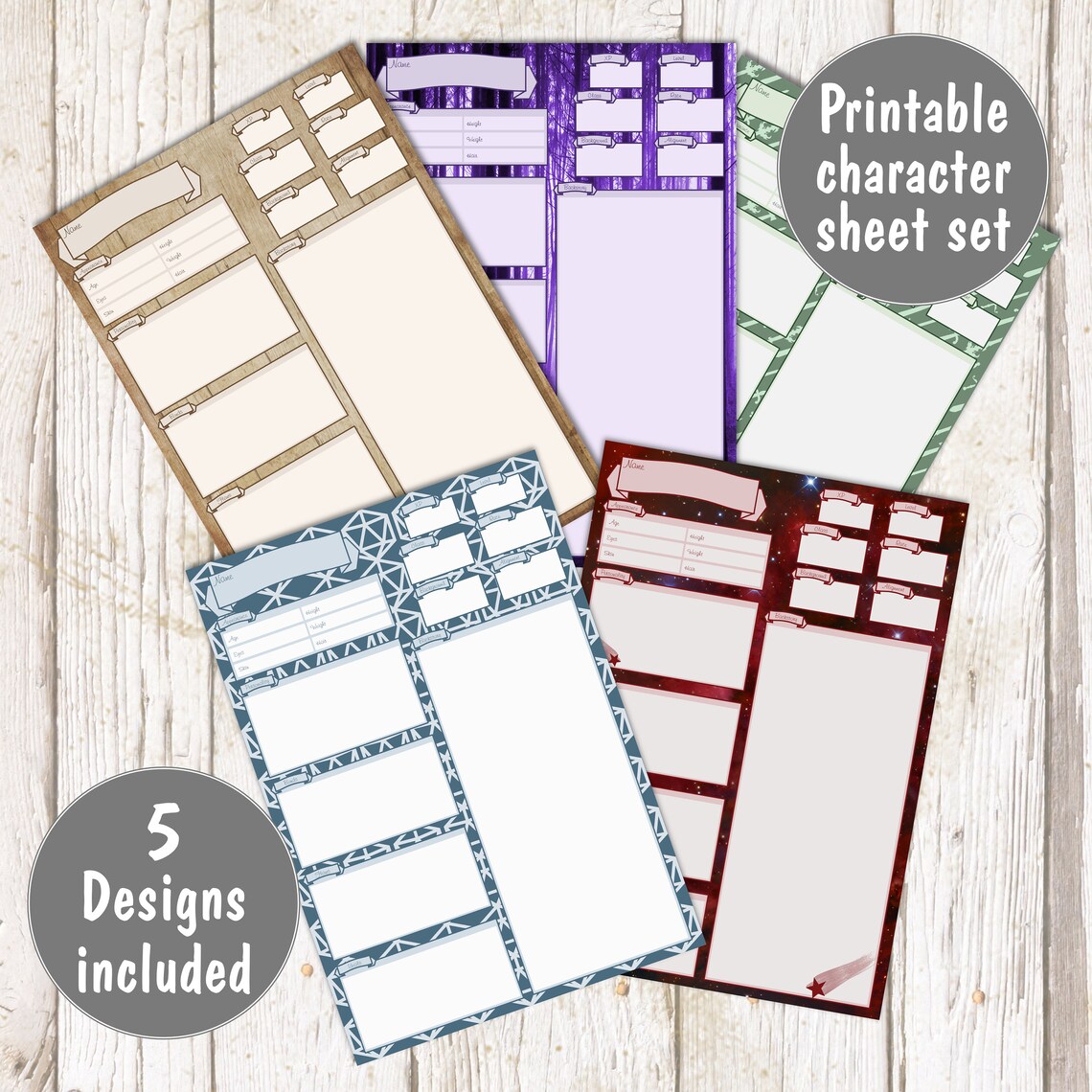 Dnd Character Sheet Set: 5 Printable Designs (digital Download) - Etsy